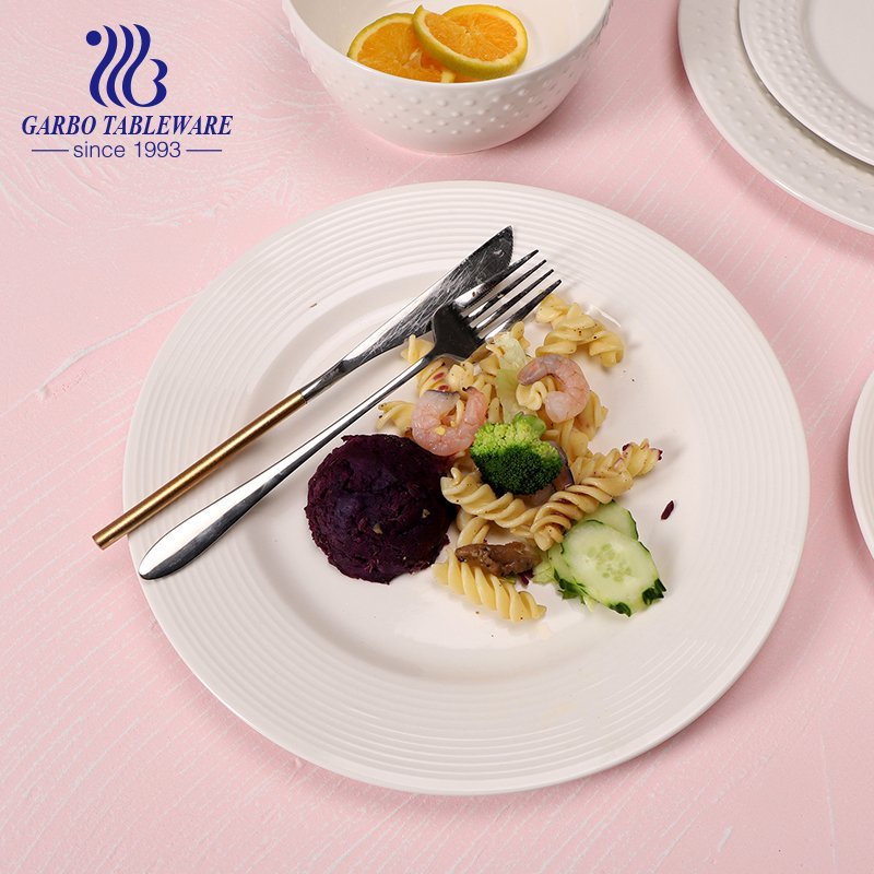 New white porcelain embossed design dinner set white porcelain dinner set
